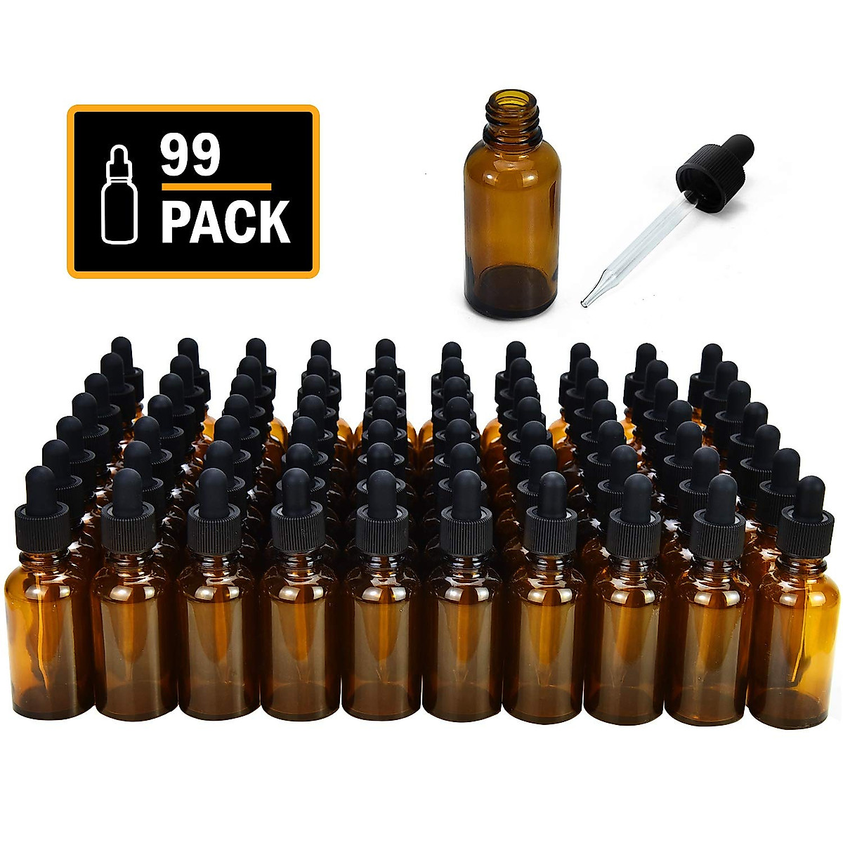 YoleShy 1oz Glass Dropper Bottle,99 Pack Amber Glass Bottles with Glass Droppers and Black cap for Essential Oils, Lab Chemicals, Perfumes