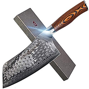 TUO Cutlery Cleaver Knife - Japanese AUS-10 Damascus Steel Hammered Finish - Chinese Chef's Knife for Meat and Vegetable with Ergonomic Pakkawood Handle - 7" - Fiery Phoenix Series