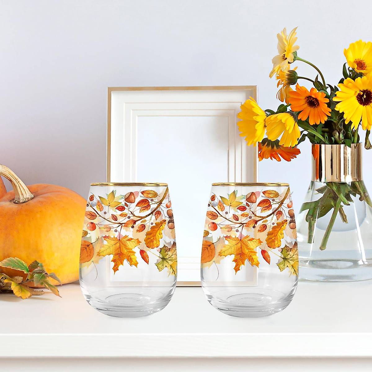 Whaline 2Pcs Fall Stemless Wine Glasses 17oz Maple Leaf Drinking Glasses with Gold Rim Autumn Leaves Tumbler Cups for Party Supplies Gifts