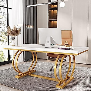 Tribesigns 70.9" Executive Desk, Large Modern Office Desk Computer Desk with Gold Metal Frame, Conference Table Meeting Room Table for Home Office, White and Gold