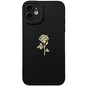 Qokey for iPhone 11 Case(2019 6.1"), Cute Plated Rose Gold Flower with Anti-Fall Lens Cameras Cover Shell, Soft TPU Shockproof Anti-Fingerprint Phone Protection Cases for Women Girls Men,Black