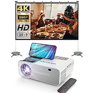 WEWATCH 4K FullHD WiFi6 Projector - with 100 inch Projector Screen V53Pro 4K Support 280 ANSI Lumens Native 1080P 230" Project Size Portable Outdoor Projectors, Bluetooth Movies Video Projector