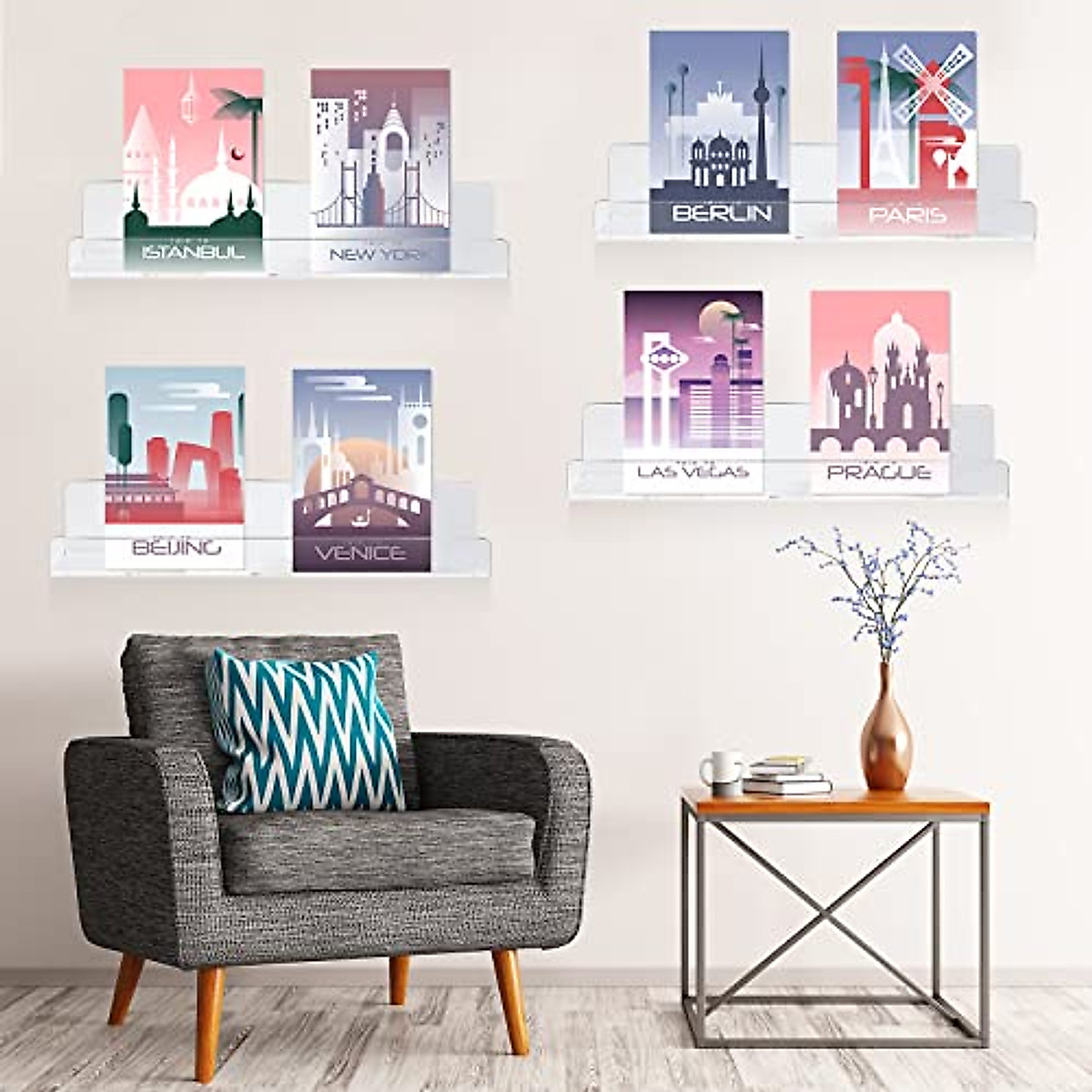 Tuanse 8 Pack Acrylic Floating Shelves 12 Inch Floating Wall Mounted Shelves Clear Invisible Wall Ledge Shelf Acrylic Bookshelf Display Shelves for Room Home Bathroom