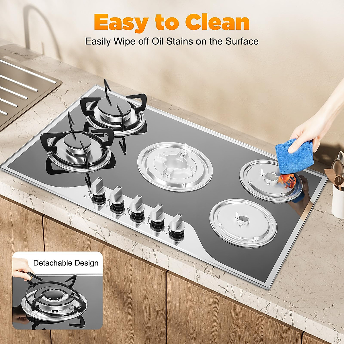 5 Burner Gas Stove Cooktop, 30 Inch Built-in Gas Hob for LPG/NG Dual Fuel Convertible, Flame-out Protection, Tempered Glass Surface, Easy to Clean - Ideal for Home Kitchen Restaurant
