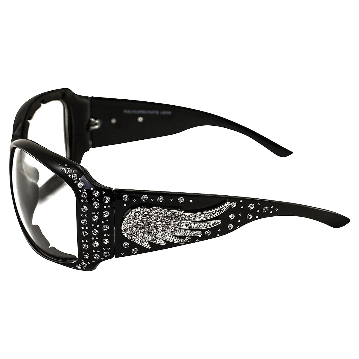 Rodeo Queen Angel Plus Padded Motorcycle Sunglasses Womens 2 Pair Black Frame Rhinestone Sunglasses w/Silver Wing Accent Clear & Gradient Smoke Lenses