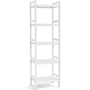 Homykic Bamboo Bookshelf, 5-Tier Narrow 55.9” Adjustable Book Shelf Bookcase Bathroom Shelves Freestanding Storage Stand for Living Room, Bedroom, Kitchen, Rust Resistance, Easy Assembly, White