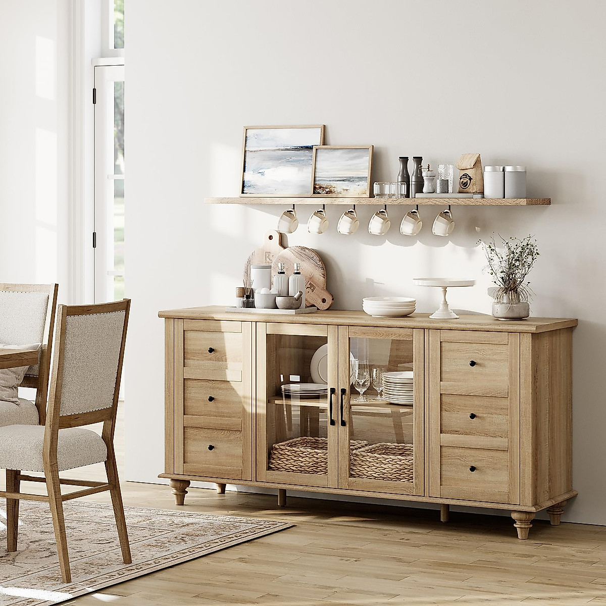 FITUEYES Sideboard Buffet Cabinets with Glass Door, Kitchen Storage Cabinets, Wood Coffee Bar Tables, Accent Sideboard Storage Cabinet Table Dining Room, Living Room,Oak