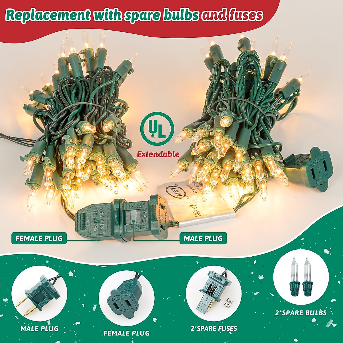 HEYFUNi Clear Christmas Lights 50Count 13Feet White Christmas Tree Lights Set, Incandescent Bulb Mini String Lights for Indoor Outdoor Tree Party Weeding Home Xmas Holiday Decorations,Green Wire