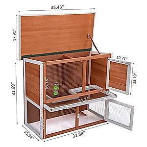 2-Story Wooden Rabbit Hutch Indoor Outdoor Guinea Pig Cage with Ventilation Door, Removable Tray, Ramp, Waterproof Roof, Water Bottles, Solid Wood Hamster/Bunny Hutch for Small Animals (Orange)