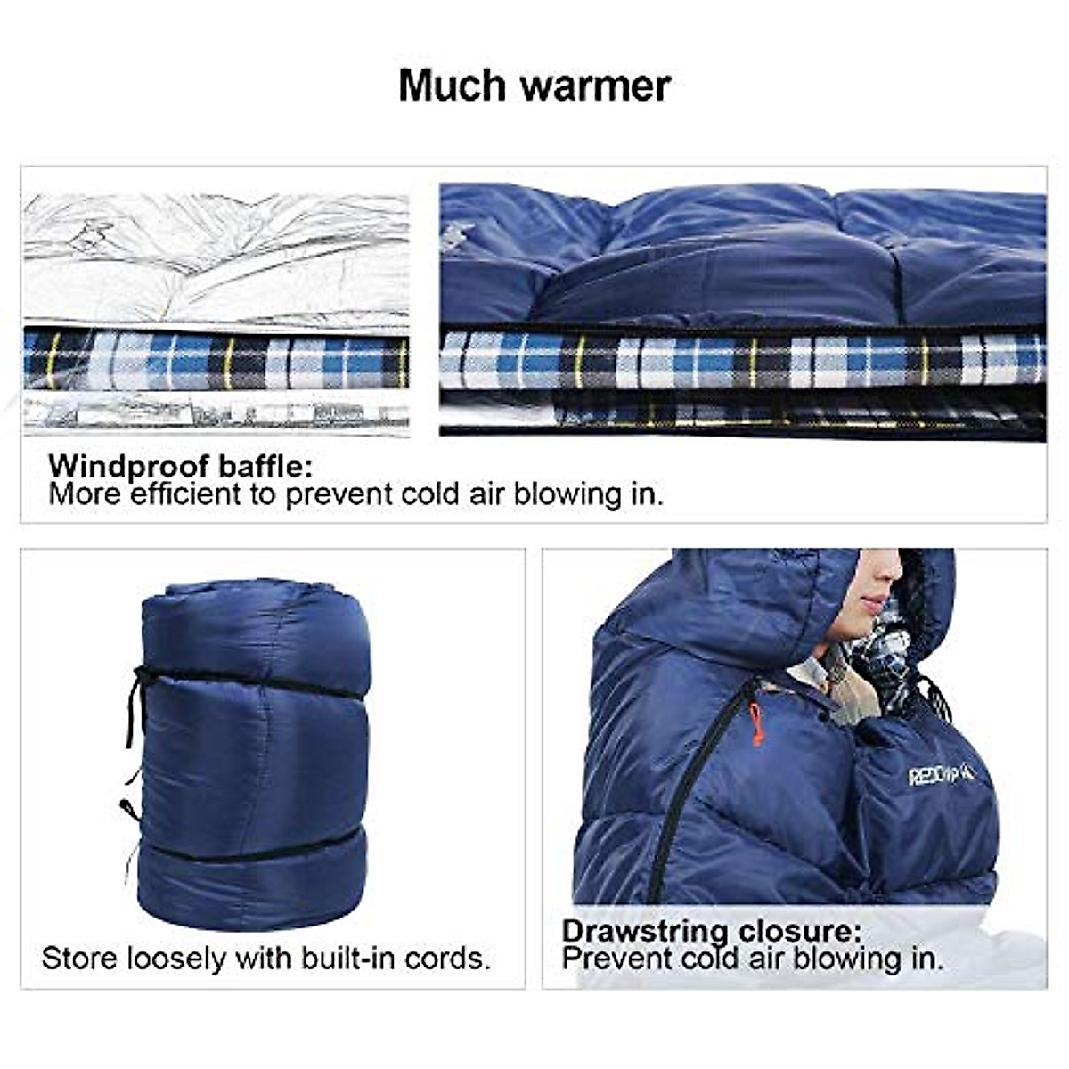 REDCAMP Cotton Flannel Sleeping Bag for Adults, XL 32/41/50F Comfortable, Envelope with Compression Sack Blue 3lbs (91"x35")