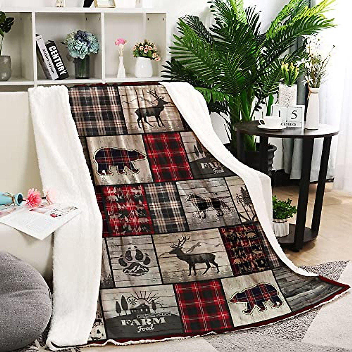 Wolf Bear and Deer Throw Blanket Rustic Cabin Decor Woodland Blanket Plaid Christmas Blanket Gifts for Women Southwestern Farmhouse Decor for Couch Bed Livingroom