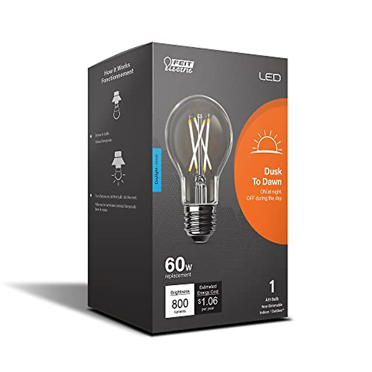 Feit Electric LED Built-in Dusk to Dawn Sensor Intellibulb - Clear Filament A19 with an E26 Medium Base Light Bulb - 60W Equivalent - 15 Year Life - 800 Lumen - 5000K Daylight
