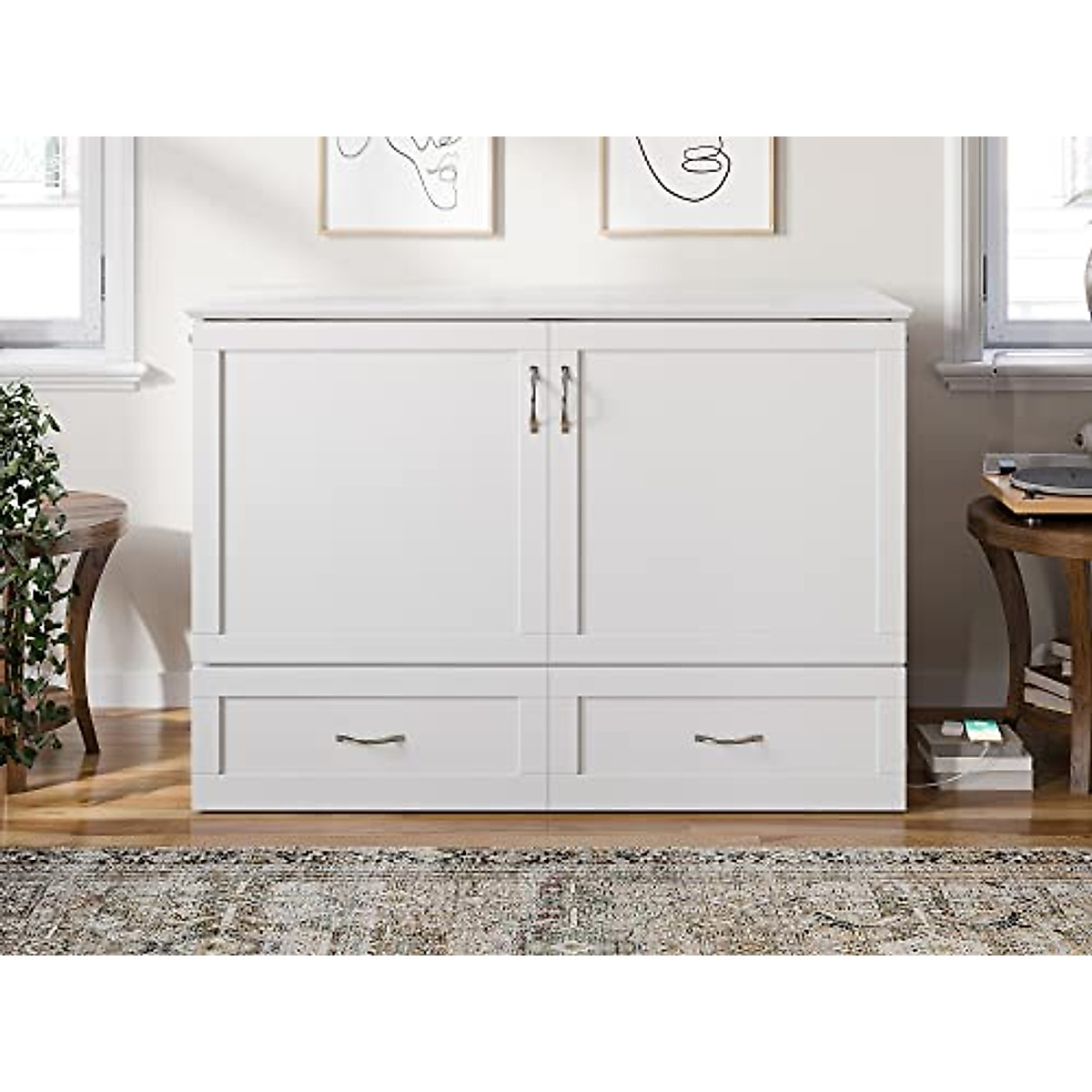 AFI, Hamilton Murphy Bed Chest with 6 inch Memory Foam Folding Mattress, Built-in Charging Station and Storage Drawer, Full, White