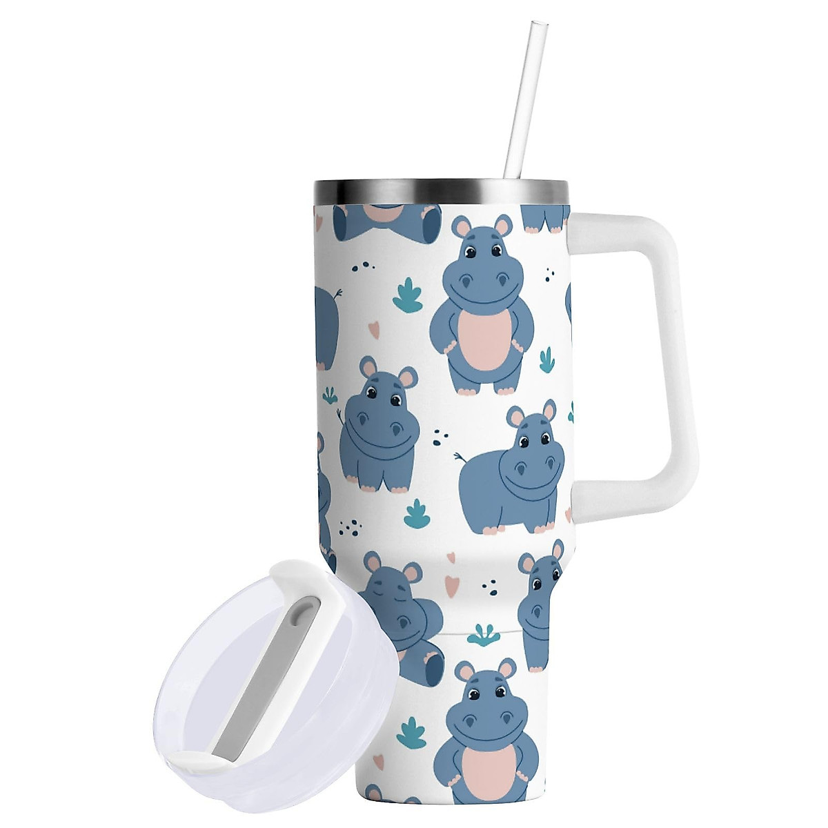 Wfrish Cute Blue Hippos Tumbler with Handle and Straw Lid, 40 oz Insulated Coffee Cup Stainless Steel Water Bottle Travel Mug Cupholder Friendly,Gifts for Women Men