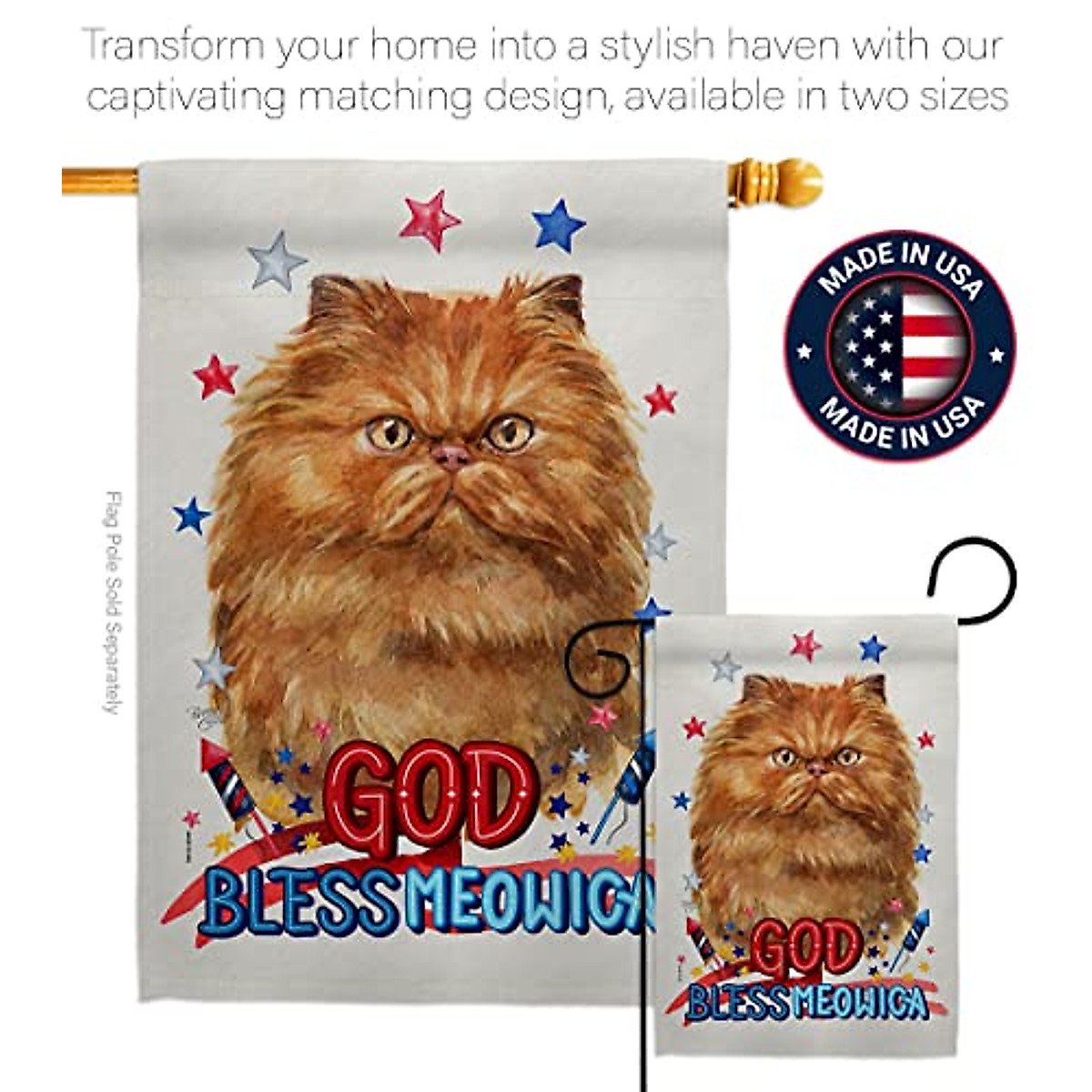 Breeze Decor Patriotic Tan Persian Garden Flag Set Wood Dowel Cat Kitten Meow Spoiled Paw Fur Pet Nature Farm Animal Creature House Banner Small Yard Gift Double-Sided, Made in USA