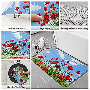 Door Mat Red Flowers Memory Foam Cushioned Kitchen Rug, 16x24 Inch Water Absorbent Soft Touch Standing Mat for Bathroom, Office, Sink, Laundry, Home Green Leaves Blue Sky Landscape Texture