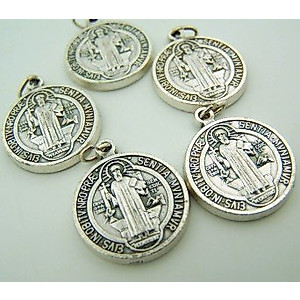 Lot of 5 Silver Toned Base Tone Saint Benedict Protection From Evil Sacremental Devotion 1 Inch Medal - Bomap official producer - 100% Made in italy - NO COPY