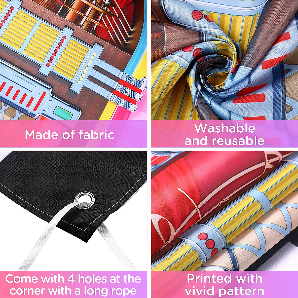 Nuenen 50's Sock Hop Party Decorations Banner Jukebox Party Decor Backdrop Cloth Juke Box Cutout Rock 'n Roll Door Cover for 1950's Theme Birthday Party Supplies, 71 x 35.4