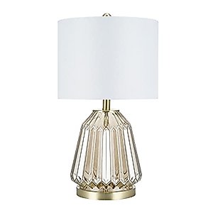 Catalina 22144-001 Transitional 3-Way Ribbed Clear Glass Table Lamp with Linen Shade, Led Bulb Included, 23.5", Champagne