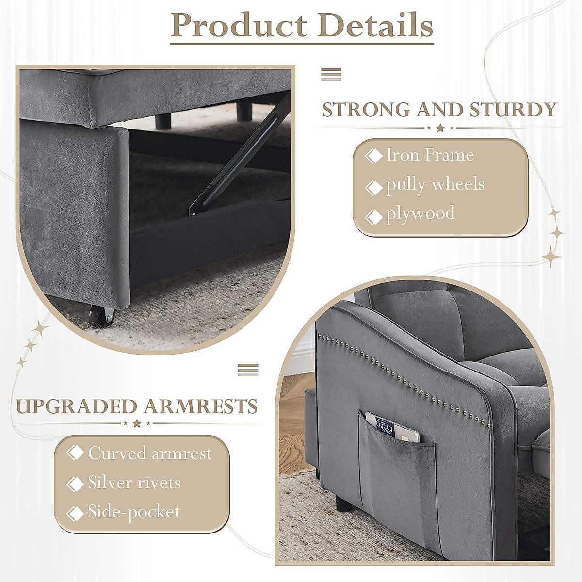 JEEOHEY Sleeper Sofa Couch with Type C, USB Port, 3 in 1 Modern Velvet Convertible Loveseat Sofa w/Pull Out Bed, Curved Armrest for Small Space Livingroom Apartment Office, Grey