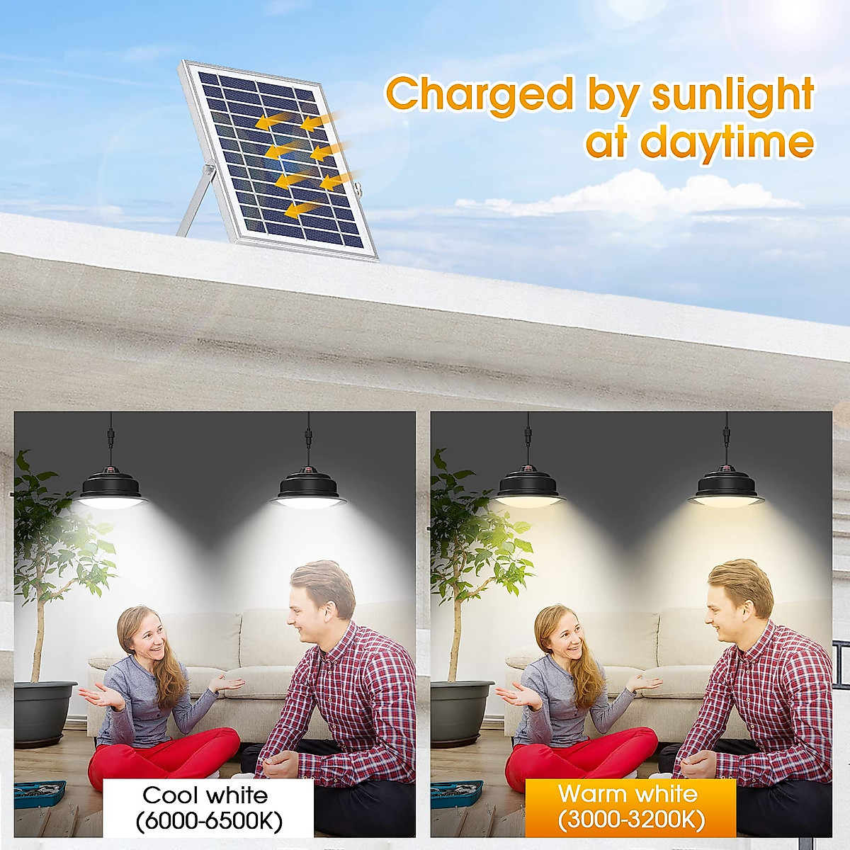 Malitupy Solar Lights Indoor Outdoor Home 1000 Lumen Dual Head Solar Shed Light with Dimmable Remote Control 120LED Cool/Warm White Solar Pendant Light for Patio Porch Barn Farm House