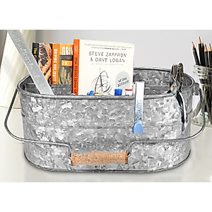 Goroly Home Galvanized Metal Caddy Storage Bin with Wooden Handle, 4 Compartments, Rustic Farmhouse Decor for Kitchen, Garden, Patio, Laundry Room (Antique Grey)