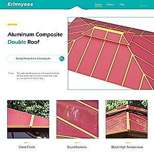 Erinnyees 12' x 16' Wood Grain Hardtop Gazebo, Outdoor Aluminum Composite Double Roof with Privacy Curtain and Mosquito Net for Patio, Lawn, Garden, Deck(Wood Looking, Wine Red)