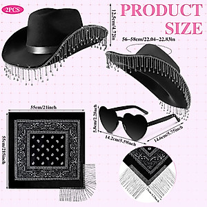 Leumoi 3 Pcs Rhinestone Cowgirl Hat with Fringe Rhinestone Bandana and Heart Sunglasses Bling Diamond Fringe Cowboy Hat (Black)