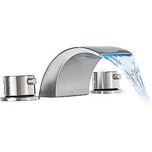Bathfinesse 8-16 Inch LED Light Faucet Widespread Bathroom Sink Faucet Waterfall Vanity with 3-Color Changing 3 Holes with 2-Handles T Commercial Brushed Nickel Deck Mount Lavatory Faucets