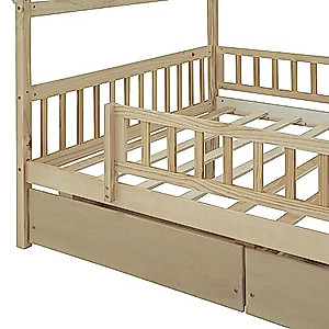 Polibi Full Size Wooden House Bed with Two Drawers,House-Shaped Platform Floor Bed Frame with Safety Guardrails for Toddlers Girls Boys Teens,Natural