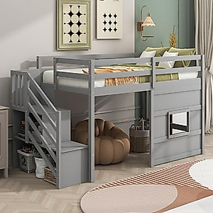 WOXYX Twin Size Loft Bed,Wood Beds Frame with Storage Staircase and Window,Grey