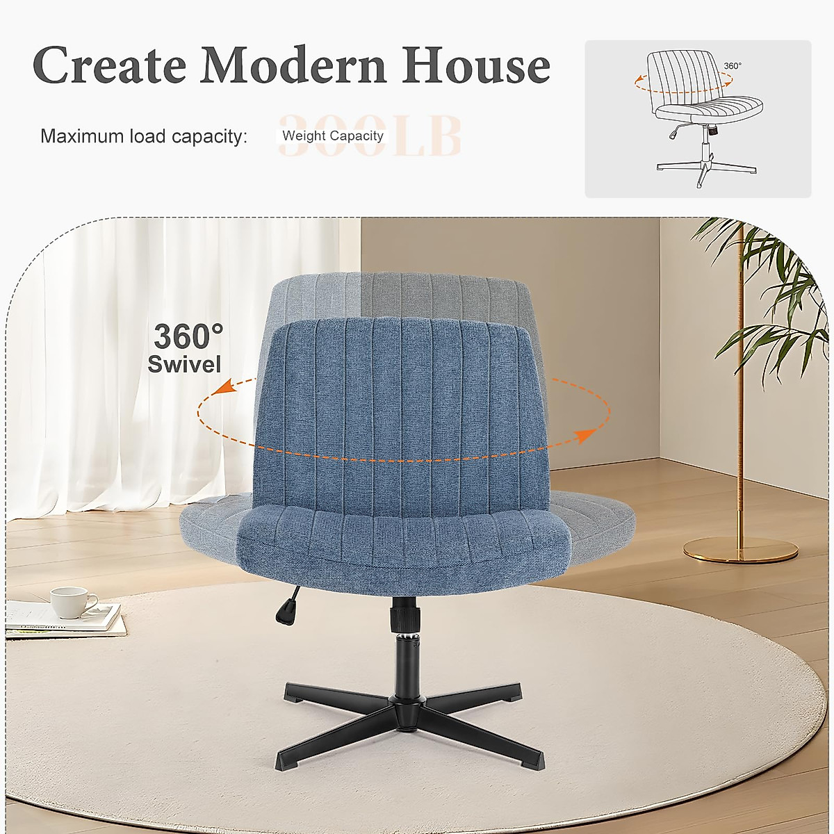 Sweetcrispy Criss Cross Chair Legged, Armless Office Desk Chair No Wheels, Swivel Vanity Chair, Height Adjustable Wide Seat Computer Task Chair, Fabric Vanity Modern Home Chair Blue