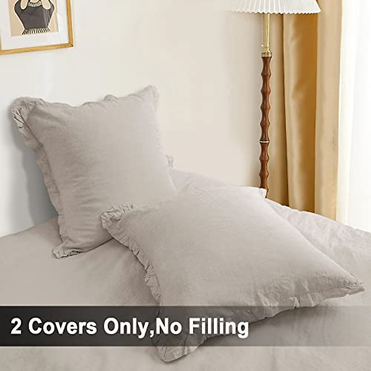PHF 100% Linen Euro Sham With Ruffle, 26" X 26", Set of 2, No Insert, Washed Soft French Flax Throw Pillow Covers, Ultra Breathable Durable Comfy Shams for Bed Couch Sofa