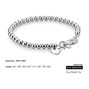 Meilanduo 925 Sterling Silver Women's 4MM-6MM Italian Bead Ball Chain Bracelet, Handmade Bead Italian Bracelet, Lobster Claw Clasp - Sizes 5.1" to 8.3" Inch - (Silver-Tone, 4mm 7.5")