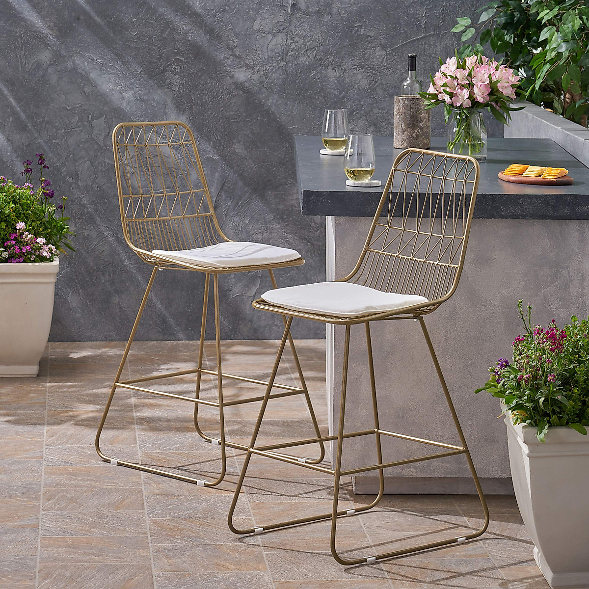 GDFStudio Outdoor Counter Stools, 26" Seats, Modern, Geometric, Light Brass Iron Frames with Ivory Cushion (Set of 2)