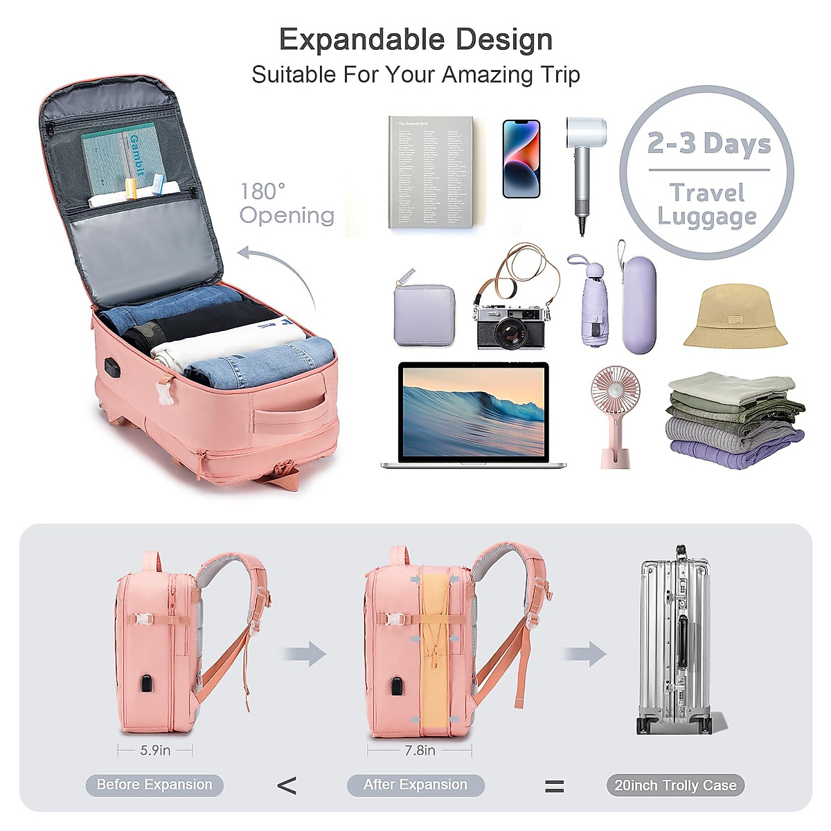 COSCOOA Expandable Travel Backpack for Men Women 15.7x7.8x9.8 Inch 20L Flight Approved Carry On Backpack Small Luggage Backpack, 15.6 Inch Laptop Business Daypack Weekender Bag