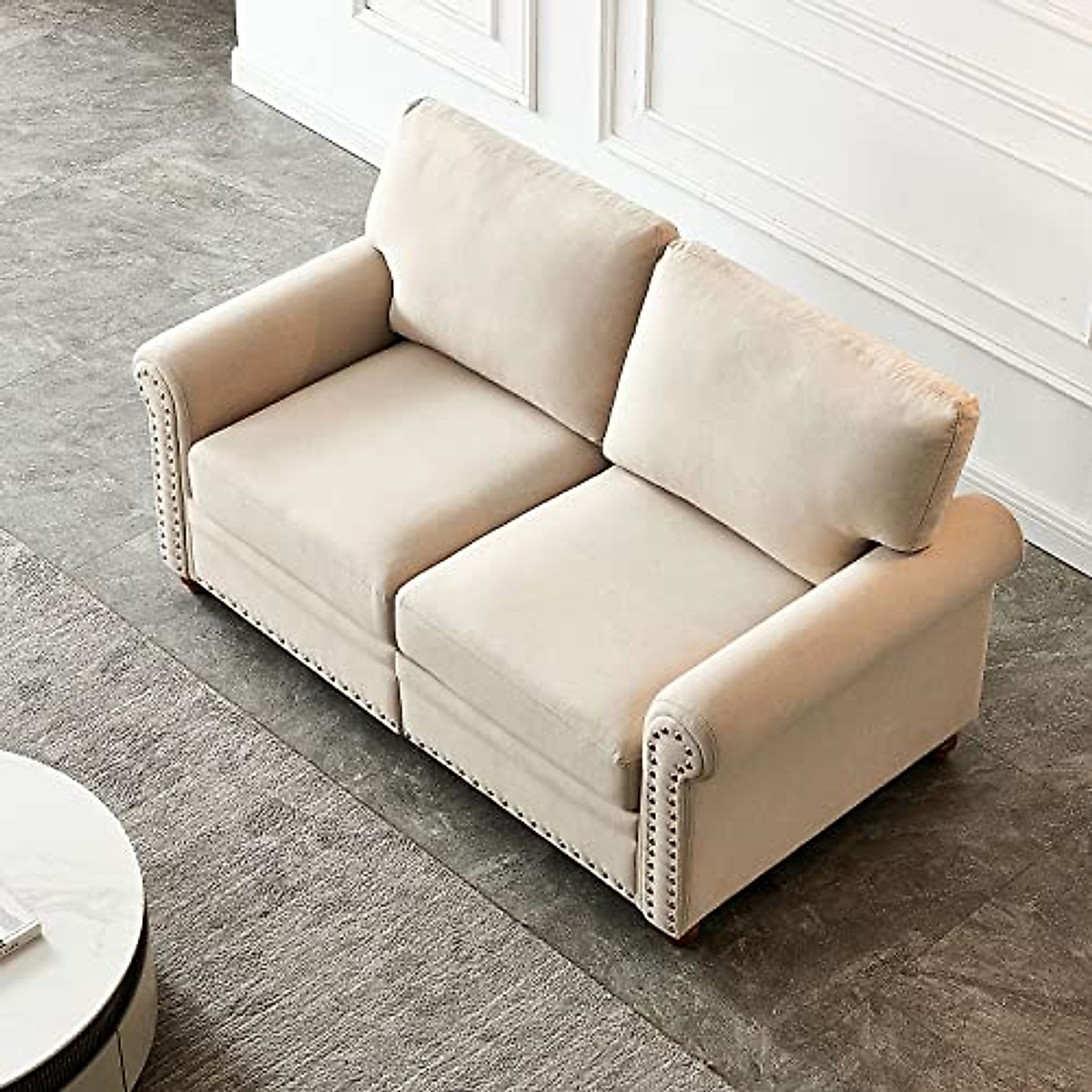 CALABASH Loveseat Sofa, Modern Upholstered Love Seat 2 Seater Small Couch with Classic Nails & Seat Cushion Backrest Removable for Living Room, Bedroom, Apartment, Small Space(Beige Fabric)