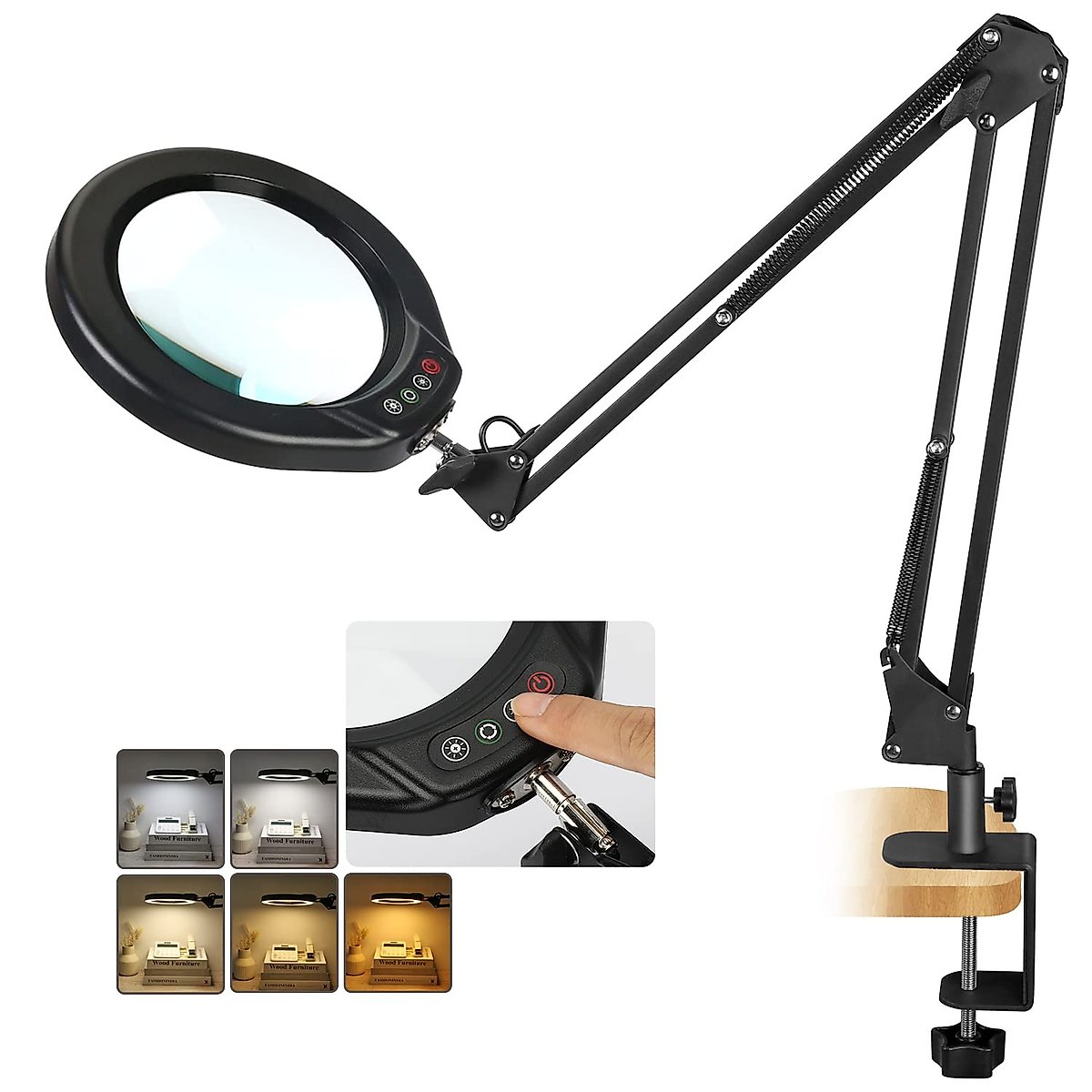 VEEMAGNI 5 Inch Large Magnifying Glass with Light and Stand, 5 Color Modes Stepless Dimmable, Long Swivel Arm LED Clamp Desk Lamp, Hands Free 8X Lighted Magnifier for Close Work Craft Hobby Soldering