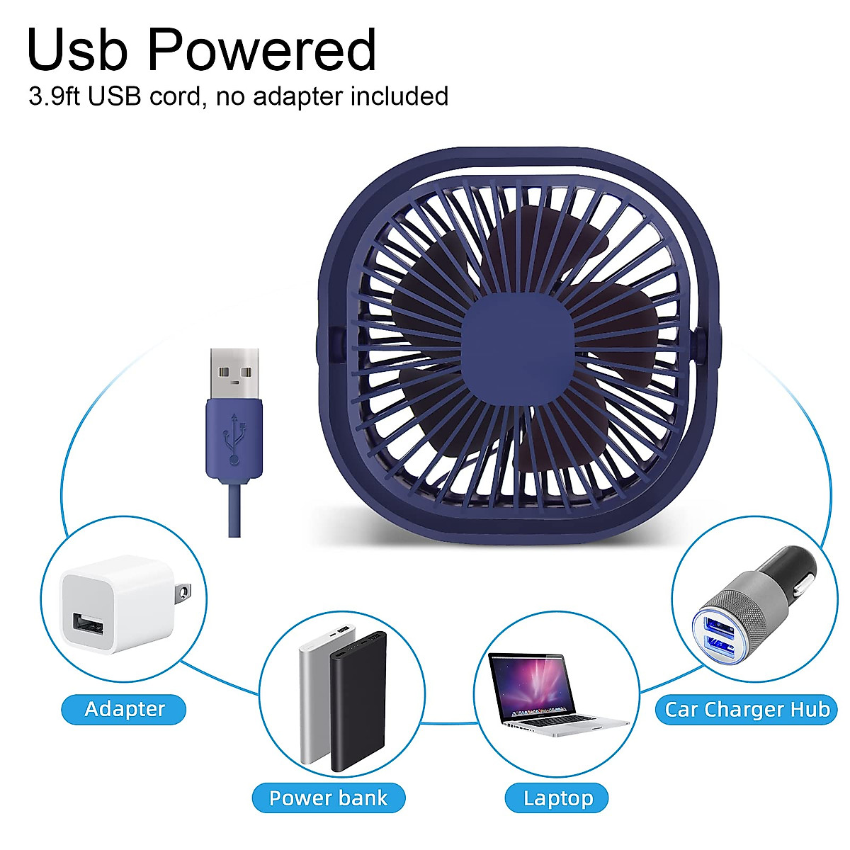 Desk Fan Portable Personal Desktop Mini Cooling Micro with Cable USB Powered 3 Speeds Quiet Small Table Fan for Home Office Study reading Bedroom Indoor Car Outdoor Travel (Blue)
