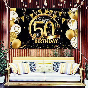 Birthday Party Decoration Extra Large Fabric Black Gold Sign Poster for Anniversary Photo Booth Backdrop Background Banner, Birthday Party Supplies, 72.8 x 43.3 Inch (50th)