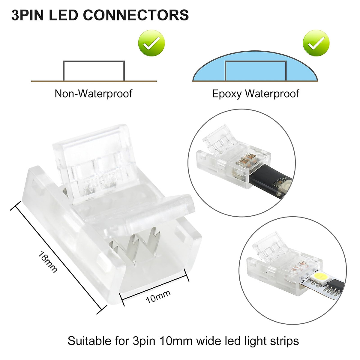 RGBZONE 10Pcs LED Strip Connectors 3 Pin Gapless Solderless Quick Connector for 10mm Waterproof and Non-Waterproof WS2811 WS2812B LED Strip Lights