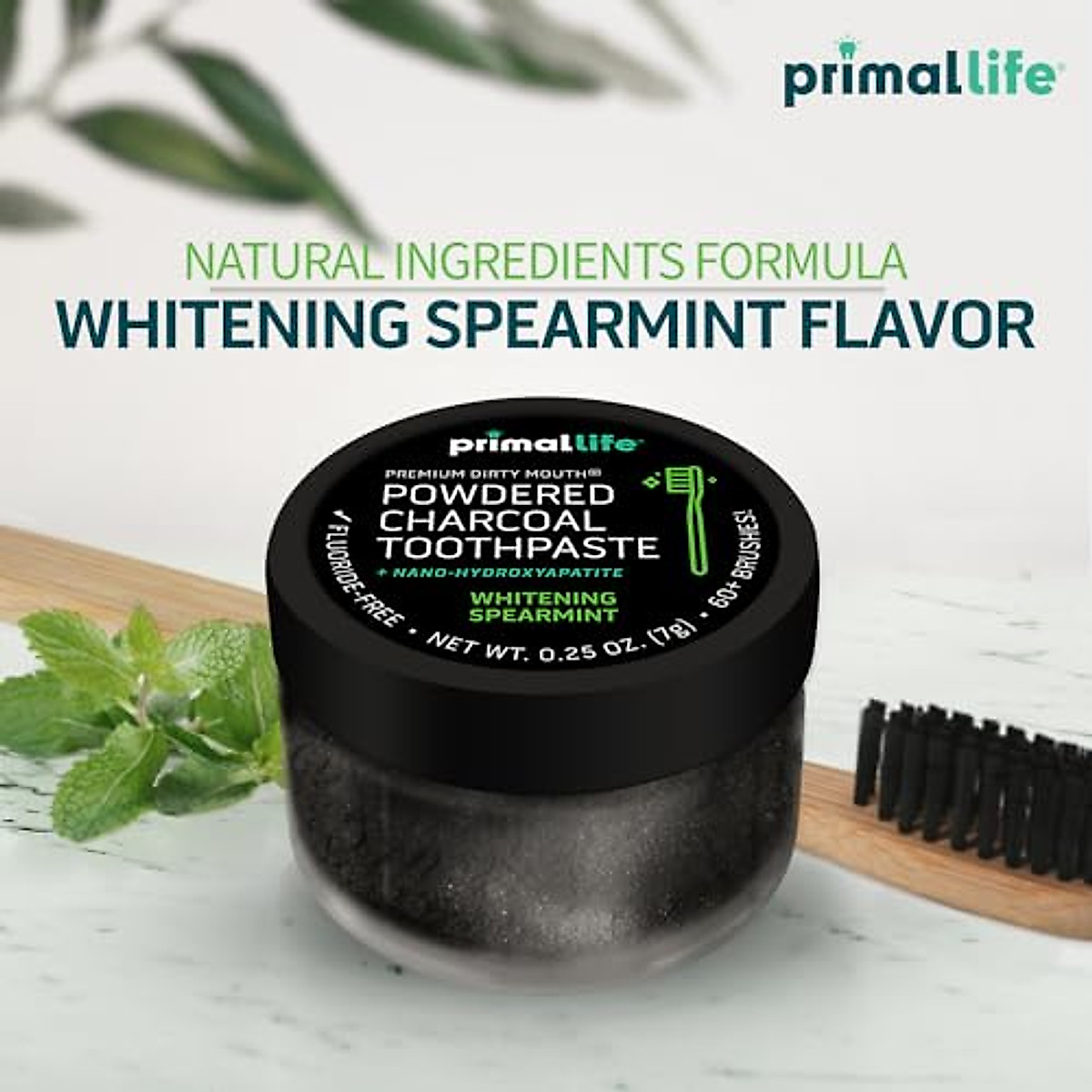 Primal Life Organics - Dirty Mouth Toothpowder, Activated Charcoal Tooth Cleaning Powder, Essential Oils with Kaolin & Bentonite Clay, 200+ Brushings, Organic, Vegan (Black Spearmint, 0.25 oz)