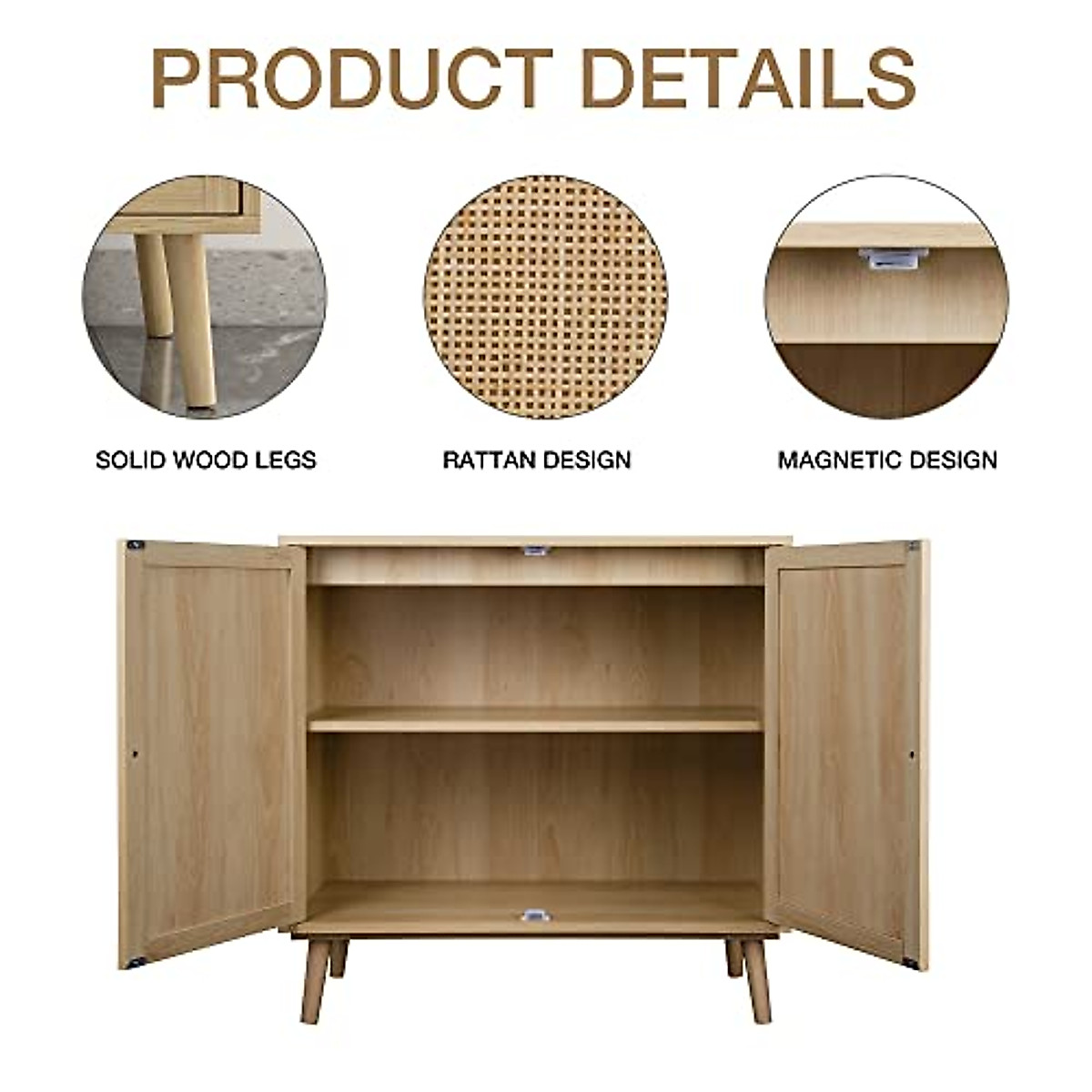 QHITTY Rattan Sideboard Buffet Cabinet, Accent Kitchen Storage Cabinet Console Table with Adjustable Shelves for Living Room, Dining Room, Bedroom (Natural)