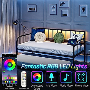 CollaredEagle Daybed with Trundle, Adjustable Sofa Bed Frame with Charging Station, Metal Twin Daybed with LED Lights for Living Room, Bedroom and Guest Room, Black