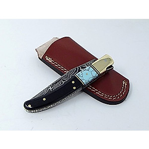Made in Ancient Persian Indus Valley Damascus Knives Laguiole Style Pocket Knife Ram Horn & Turquoise Handle With Leather Sheath