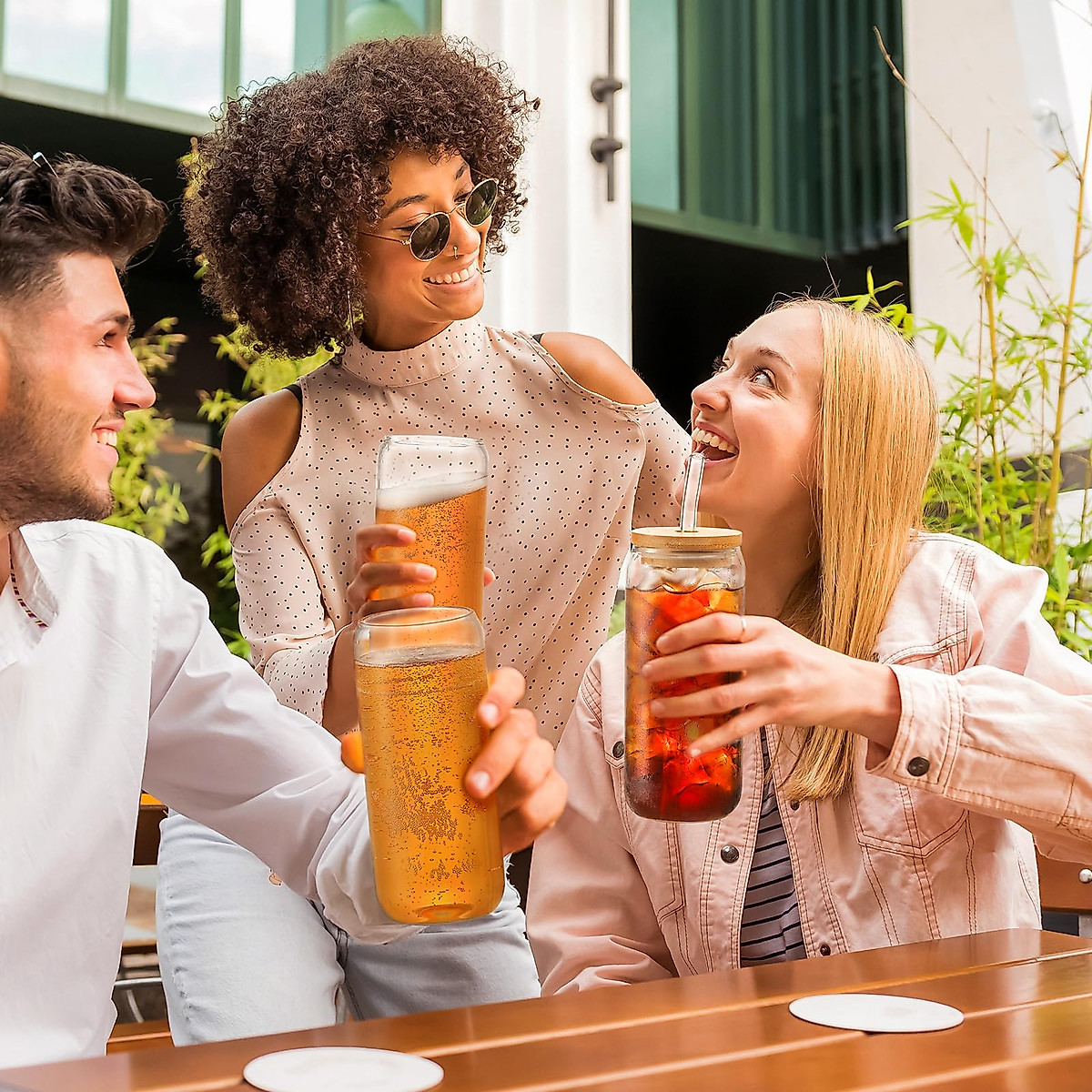 20 OZ Glass Cups with Bamboo Lids and Glass Straw - Beer Can Shaped Drinking Glasses Set, Iced Coffee Glasses, Cute Tumbler Cup for Smoothie, Boba Tea, Whiskey, Water, Gift - 2 Pack