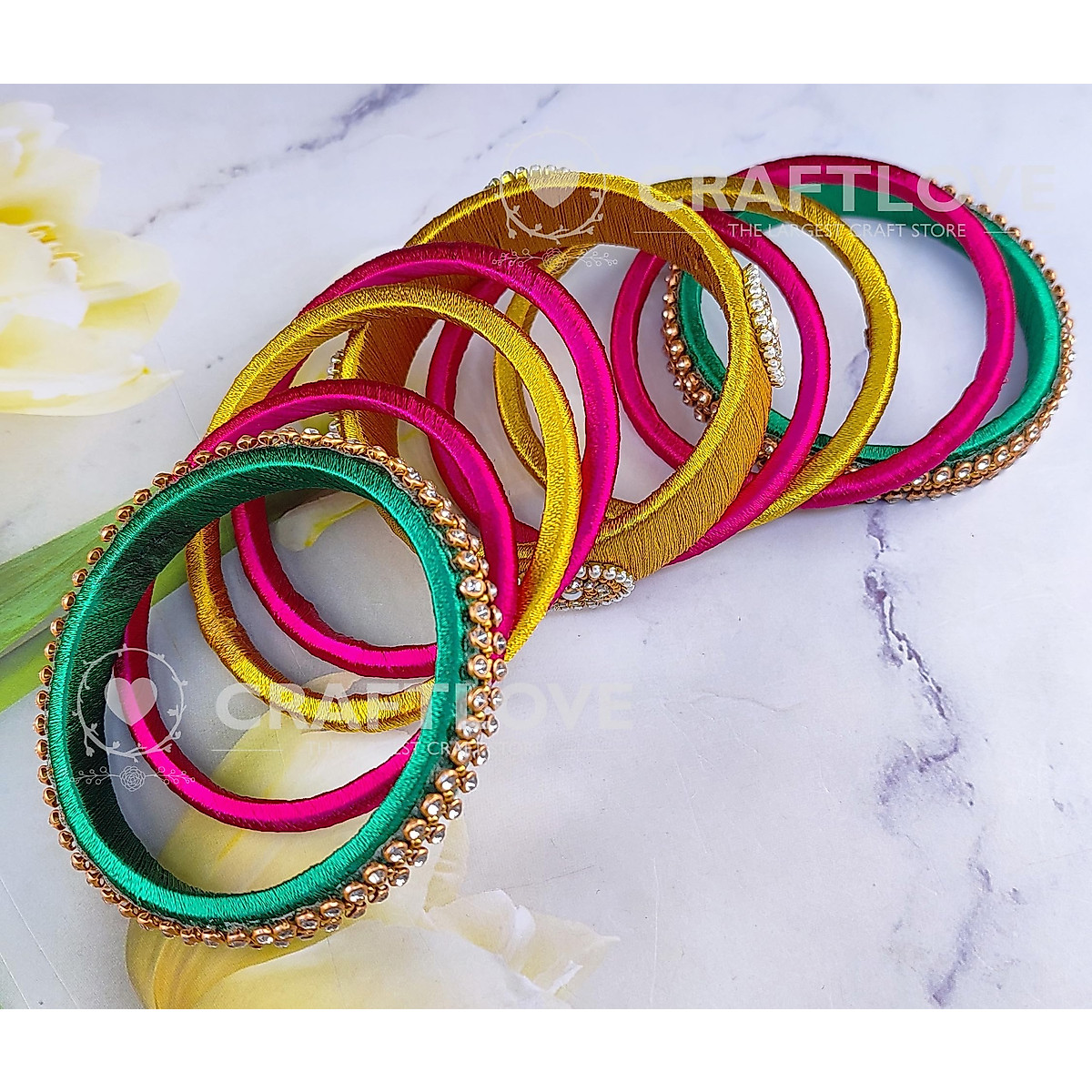 GOELX Festive Offer: Rani Pink Green and Gold Silk Thread Handcrafted Bangle Bracelet for Women - 2.4