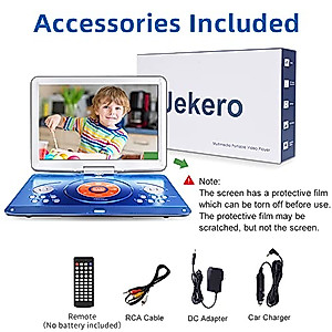 JEKERO 16.9" Portable DVD Player with 14.1" Large Swivel Screen, DVD Player Portable with 6 Hrs Rechargeable Battery, Mobile DVD Player for Kids, Sync TV, Support USB SD Card with Car Charger (Blue)