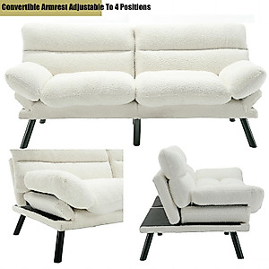 70" Modern Teddy Convertible Folding Futon Couch Sofa Bed Adjustable Pillow Top Arm Memory Foam Couch Double Loveseat Sofa for Compact Living Space,Dorm,Game Studio,Apartment,Bedroom (White Teddy)