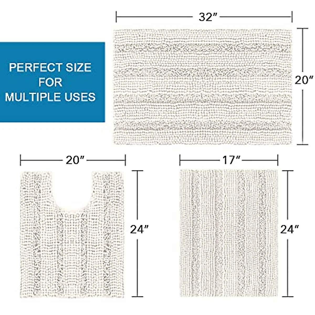 H.VERSAILTEX 3 Piece Bathroom Rugs Sets Thick Striped Bath Rugs Set for Bathroom Non Slip Soft Absorbent Bath Mat Set for Tub, Shower and Toilet(17''x24''+20''x32''+20''x24'' U-Shaped, Ivory)